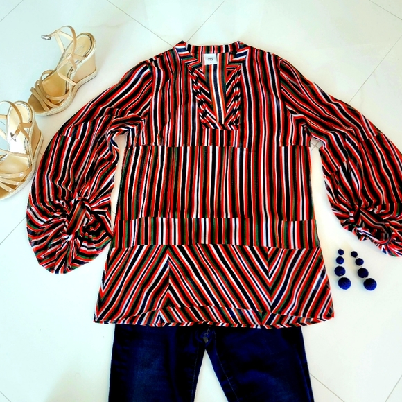 CAbi | Tops | Cabi Orangeblue Stripe Sheer Blouse With Balloon Sleeve ...